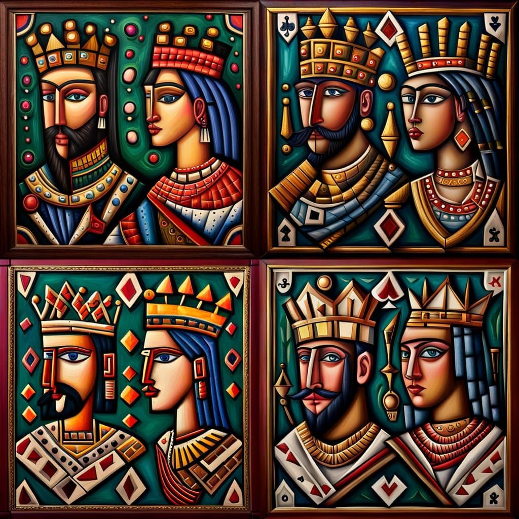 Create an imaginative oil painting featuring the king and queen face ...