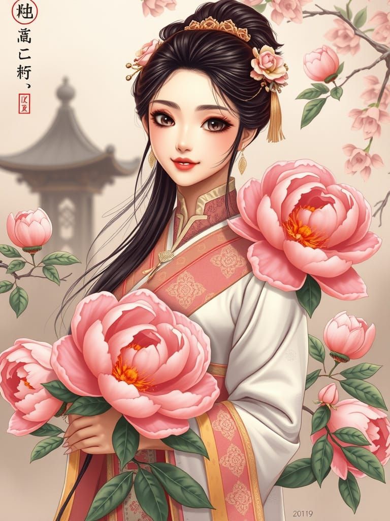 Chinese Tang Dynasty Princess with Peony, Muted To... - AI Art