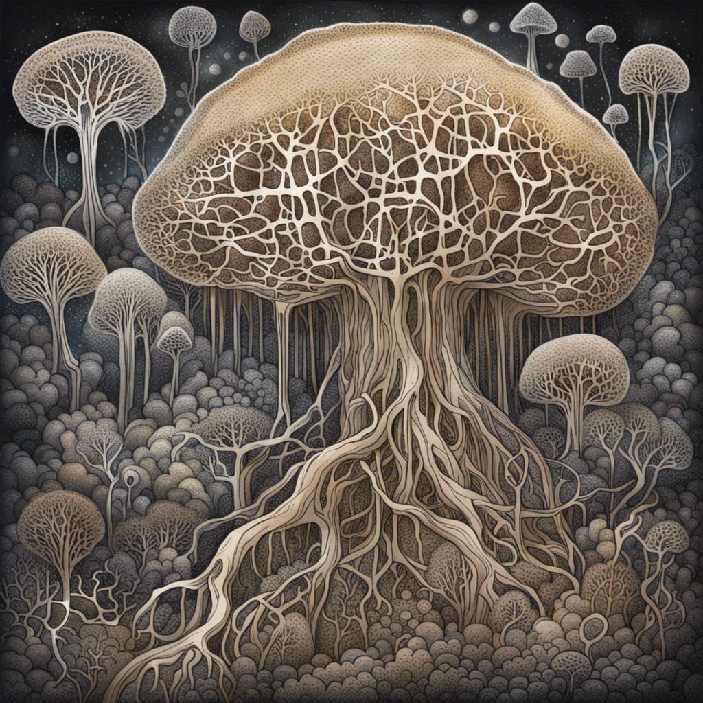 A drawing of a mycelium network, mysterious, beautiful, connection ...
