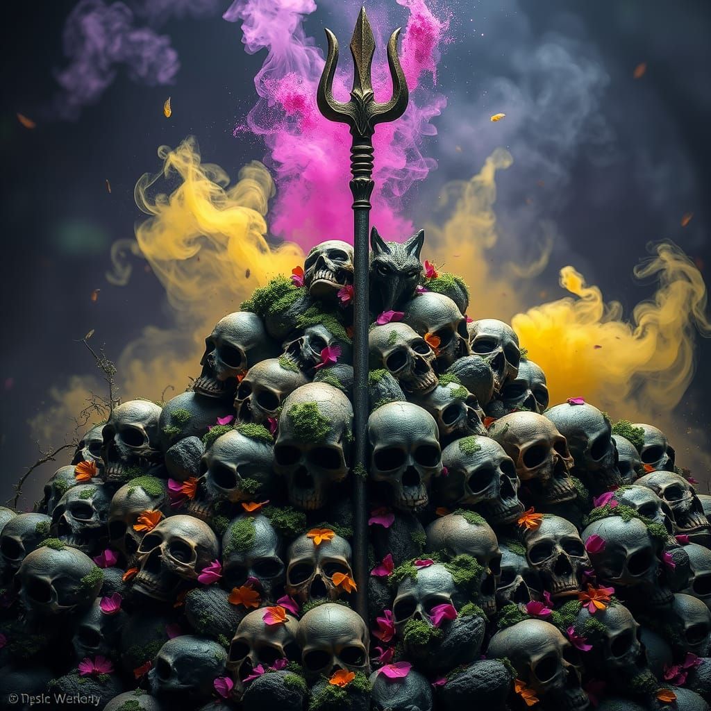 Ancient Skull Pyramid Erupts with Rusted Iron Trid... - AI Art