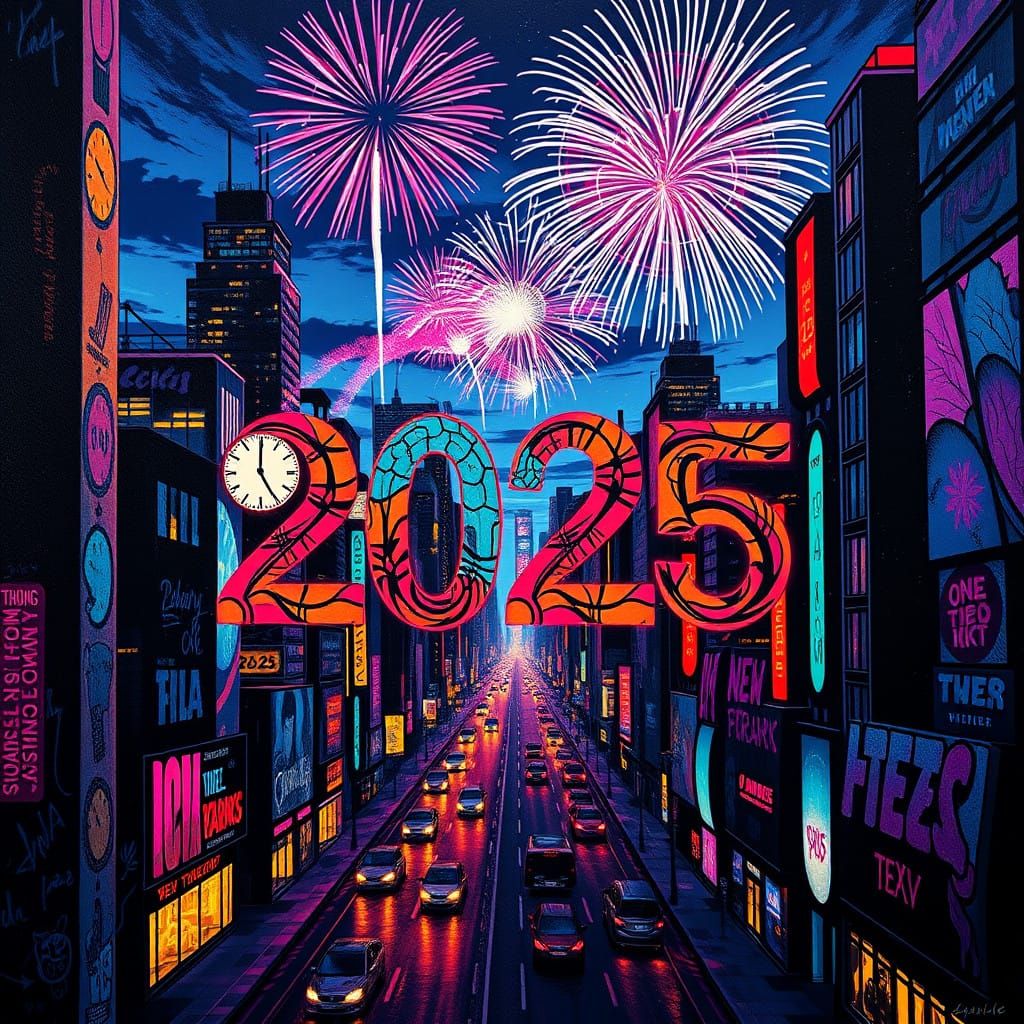 A vibrant, polychromatic depiction of a New Year's Eve countdown to ...