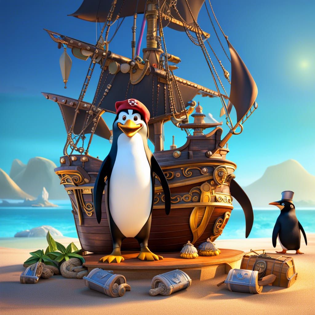 penguins wearing pirates costume ,standing next to treasures pirate ...