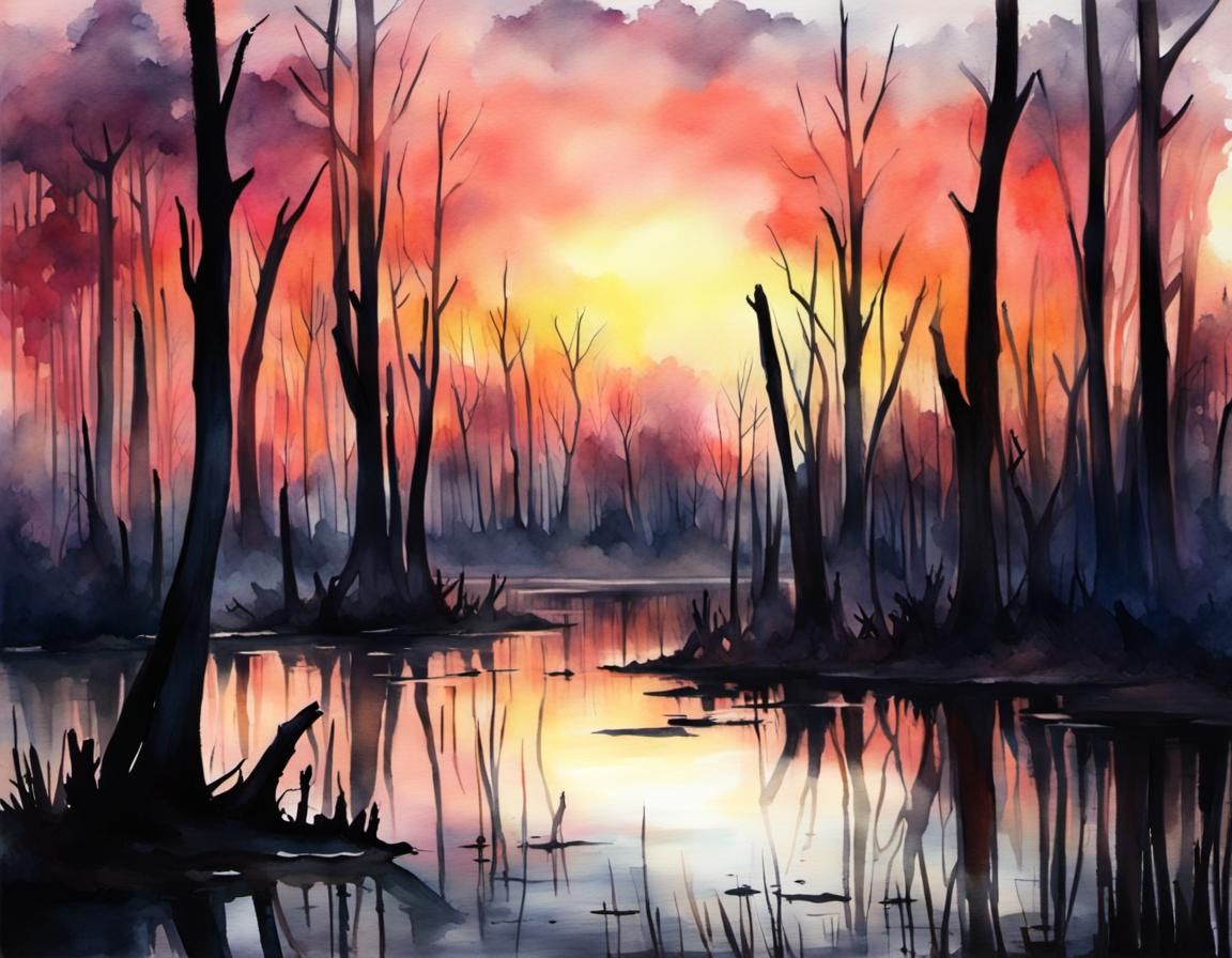 Swamp at Sunset - AI Generated Artwork - NightCafe Creator