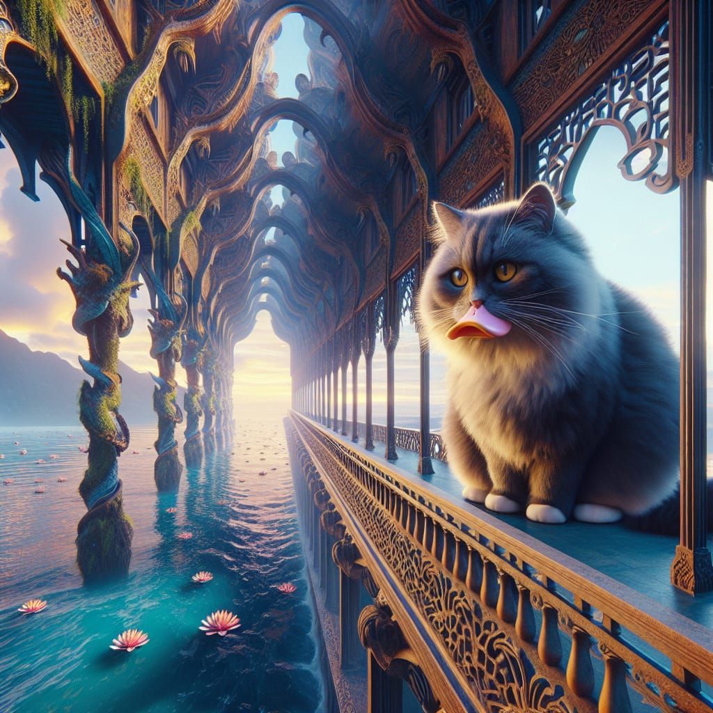 a duck bill giant ragdoll cat sitting on the veranda, watching the Tide ...