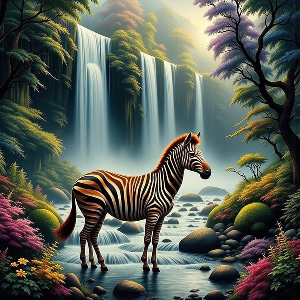 Surreal Zebra Drinks by Waterfall in Vibrant Flux ... - AI Art