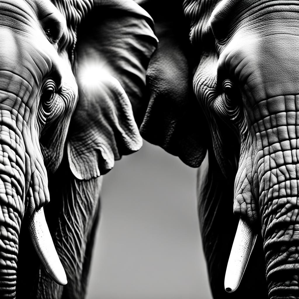 Mirror image of an elephant, one black and one white, with opposing ...