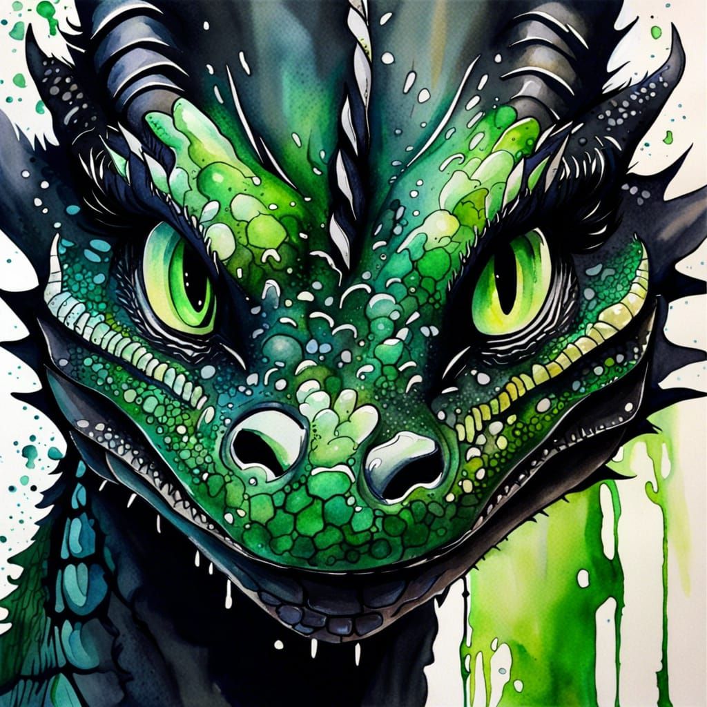 watercolor black dragon face toothless how to train your dragon green ...