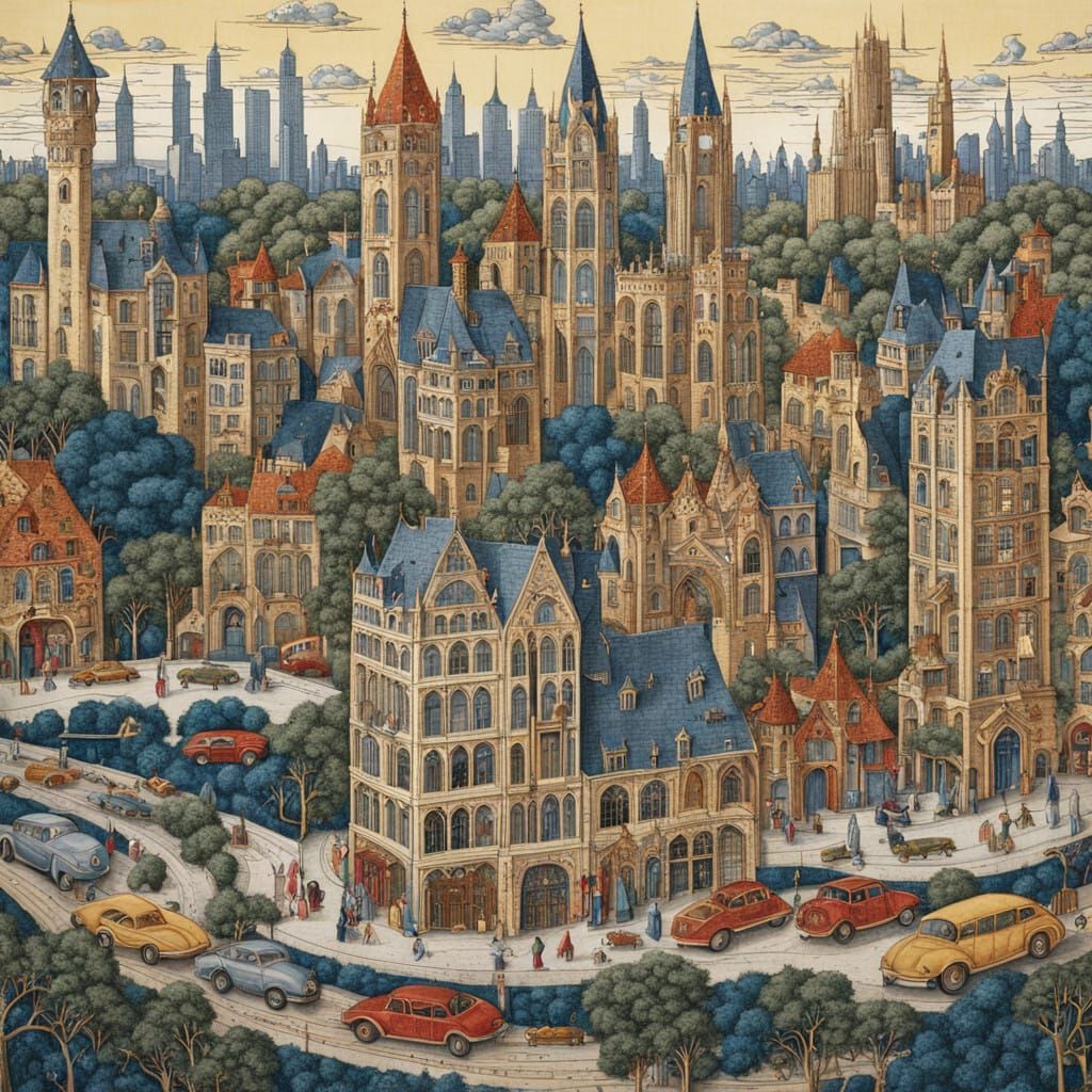 A medieval-inspired tapestry depicting a bustling modern cityscape ...