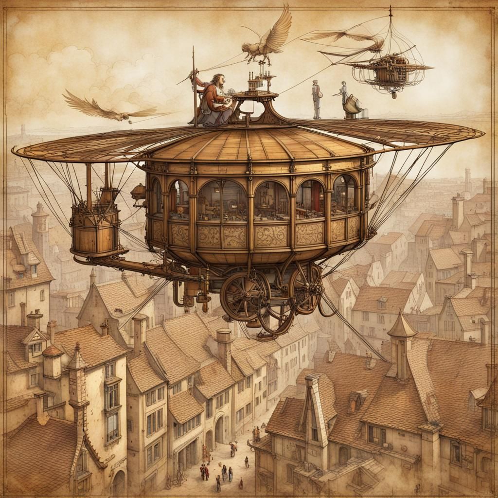 a flying machine from (Da Vinci's plans:1.2), flying over a medieval ...