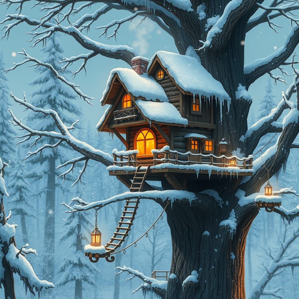Enchanted Winter Treehouse Amidst Snowy Forest - AI Art