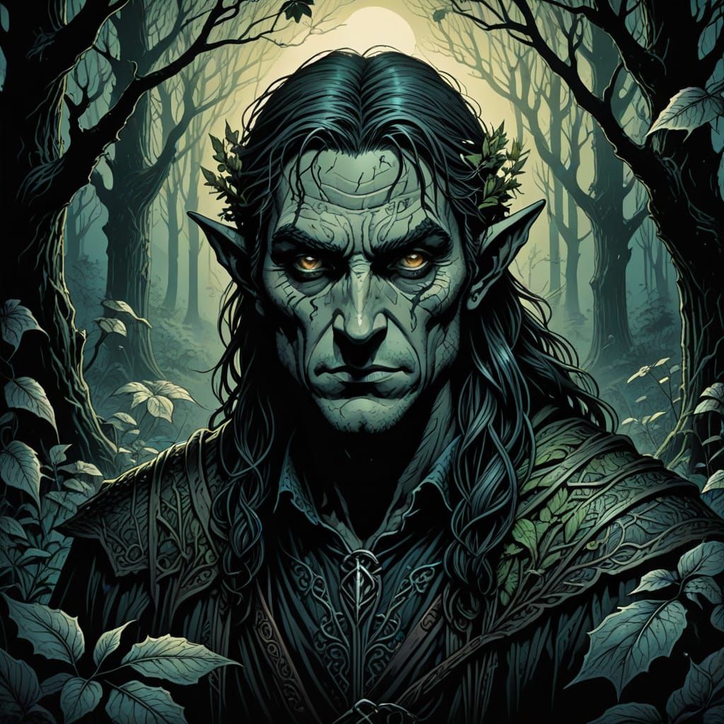 Wood Elf Portrait in Mysterious Dark Fantasy Lands... - AI Art