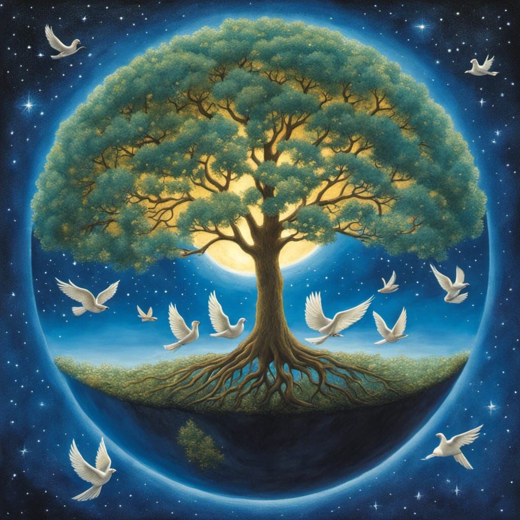 A Peaceful magnificent Tree of life with doves in flight, hearts and ...