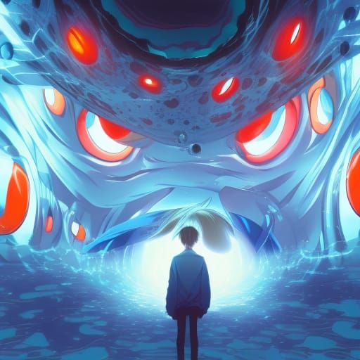 an anime man standing being watched by many big floating eyes, by ...