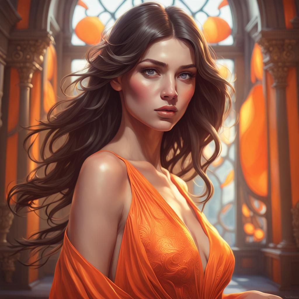 Beautiful young lady, brunette, dressed with orange dress, heavenly, pure, passionate ...