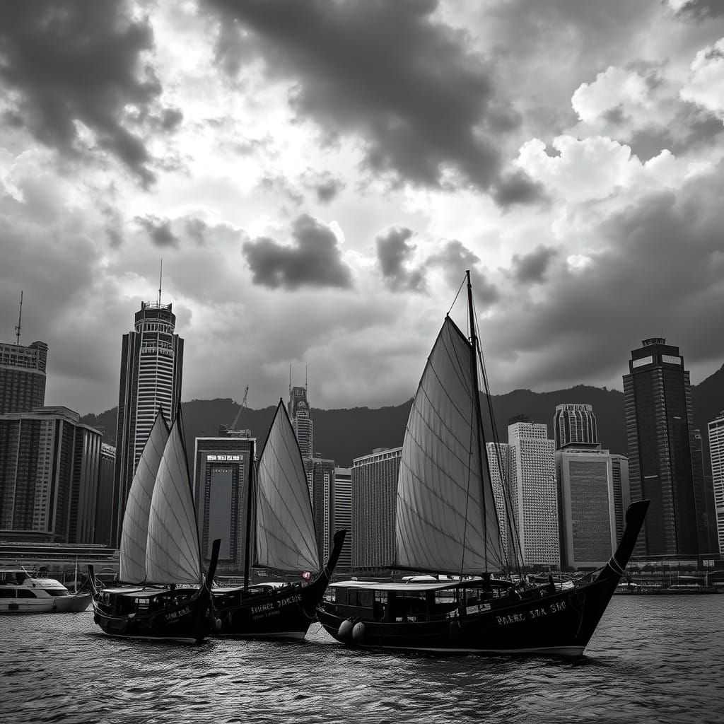TRADITIONAL CHINESE JUNKS, HONG KONG HARBOUR