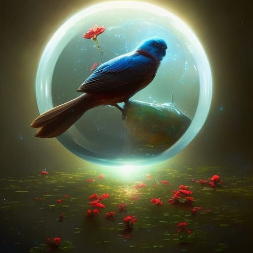 Portrait of beautiful piece of glass orb, with beautiful bird and ...