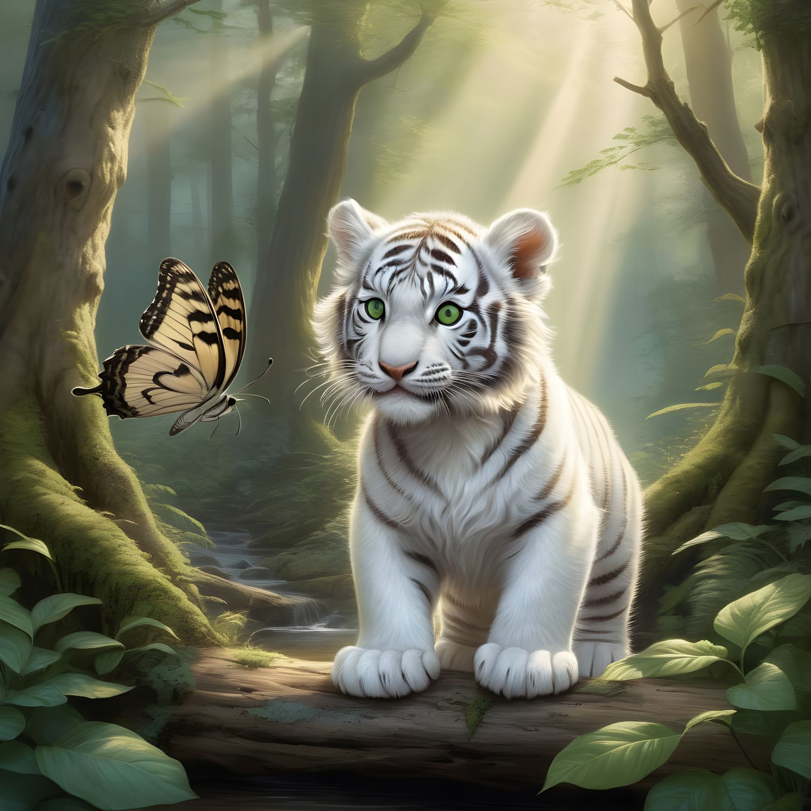 Whimsical White Tiger Cub Chases Iridescent Butter... - AI Art