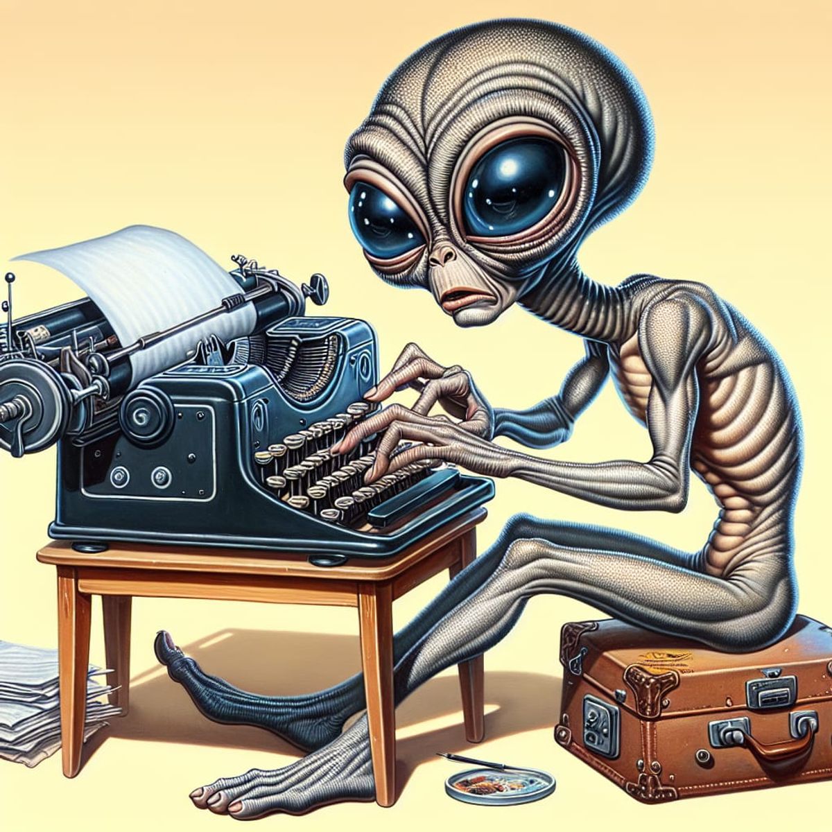 an alien typing on typewriter - AI Generated Artwork - NightCafe Creator