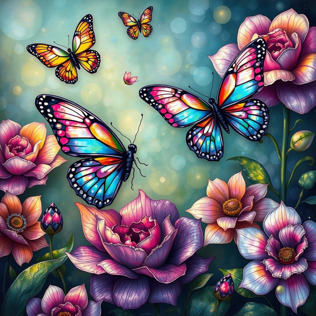 Whimsical Butterflies Dance Amidst Opalescent Bloo... - AI Art