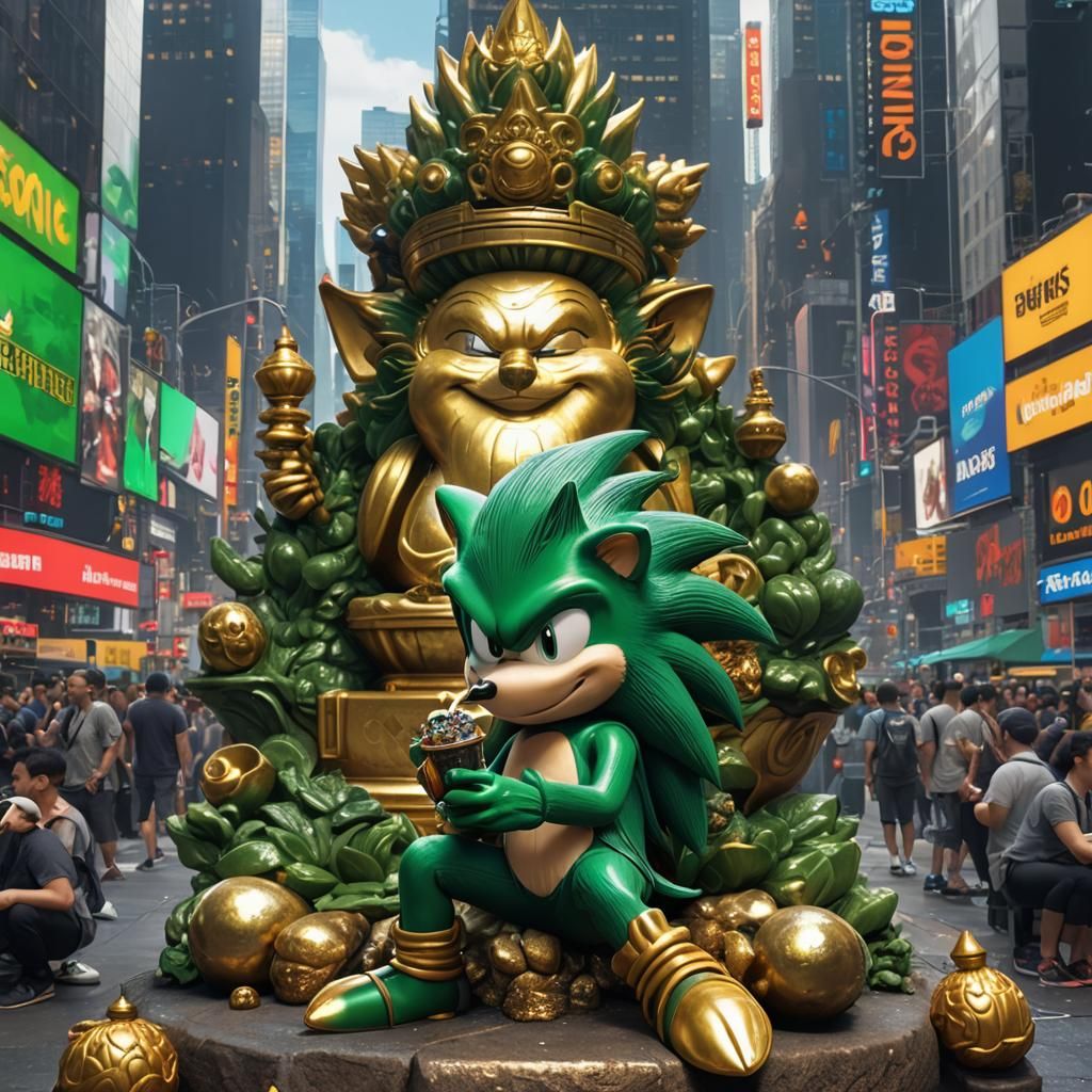 Green Sonic the hedgehog smoking a bong whilst sat on a golden Buddha ...