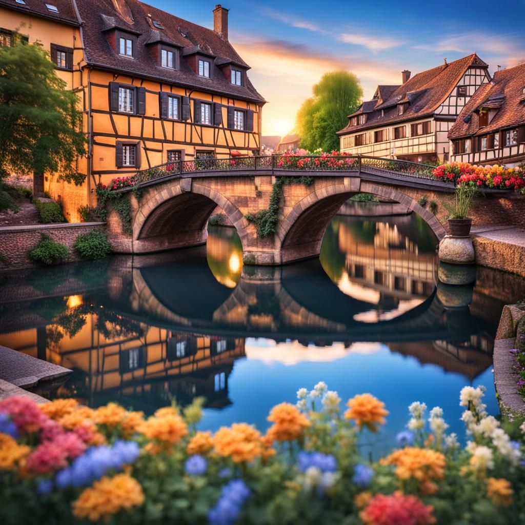 hyperdetailed photorealistic a lovely old stone bridge with flowers ...