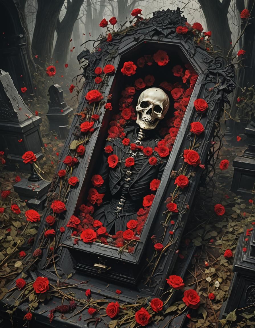 victorian funeral death black and red rotting flowers open coffin ...