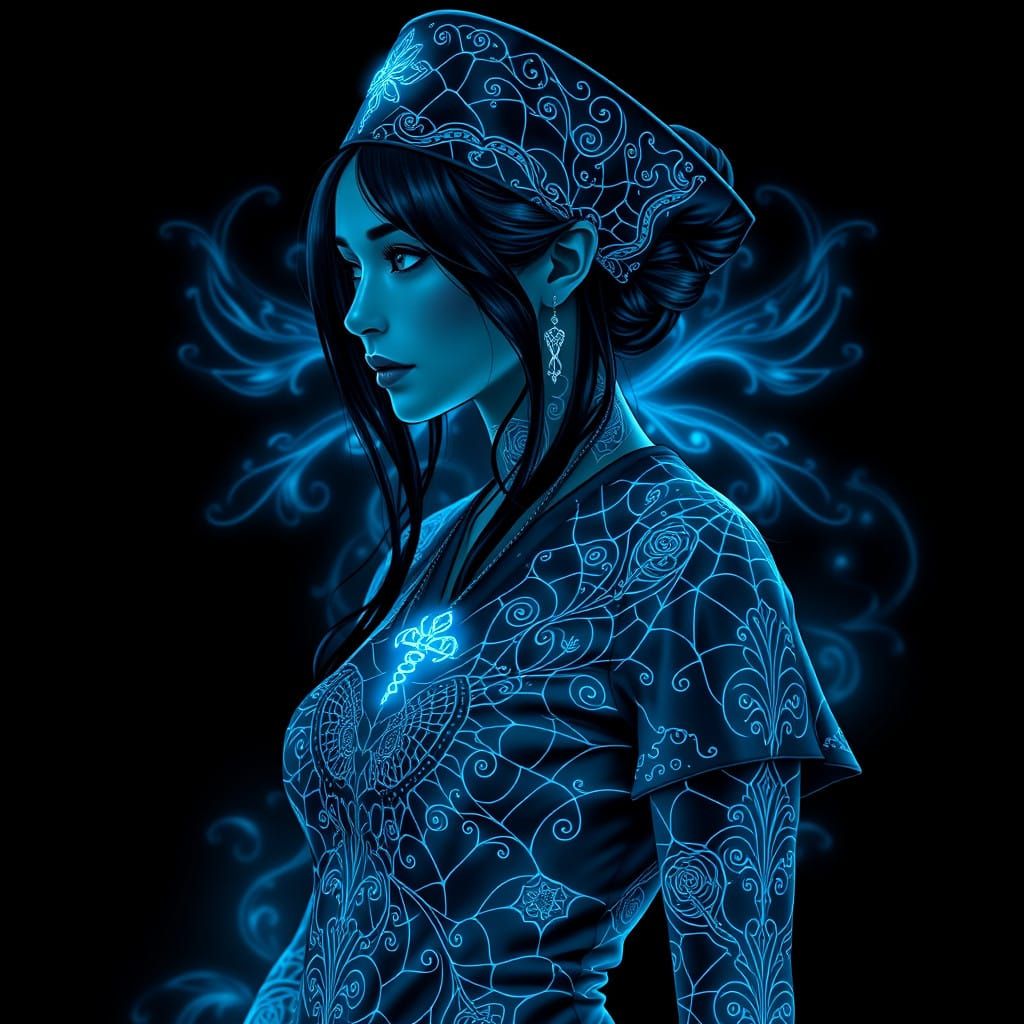 Gothic Nurse in Azure Spider Web Scrubs - AI Art