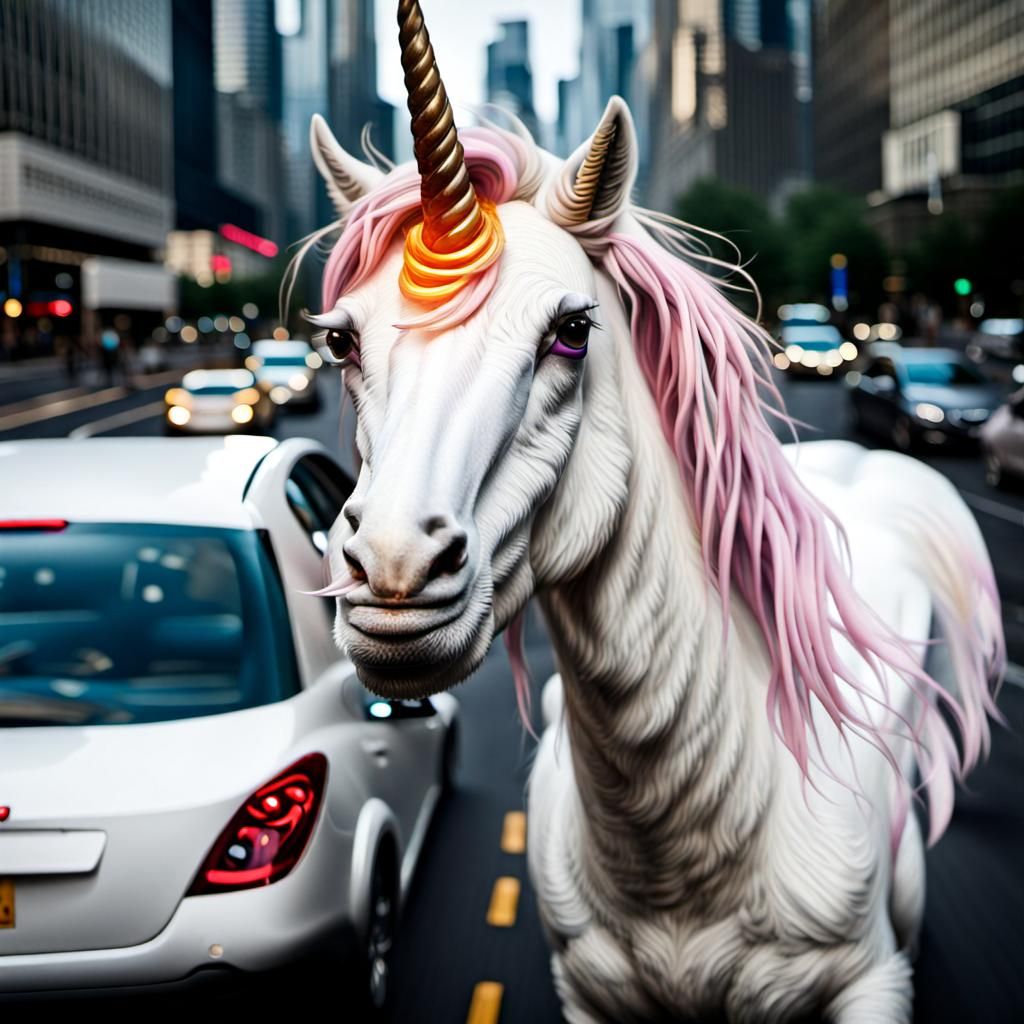 A portrait of a grumpy unicorn stuck in rush hour traffic - AI ...