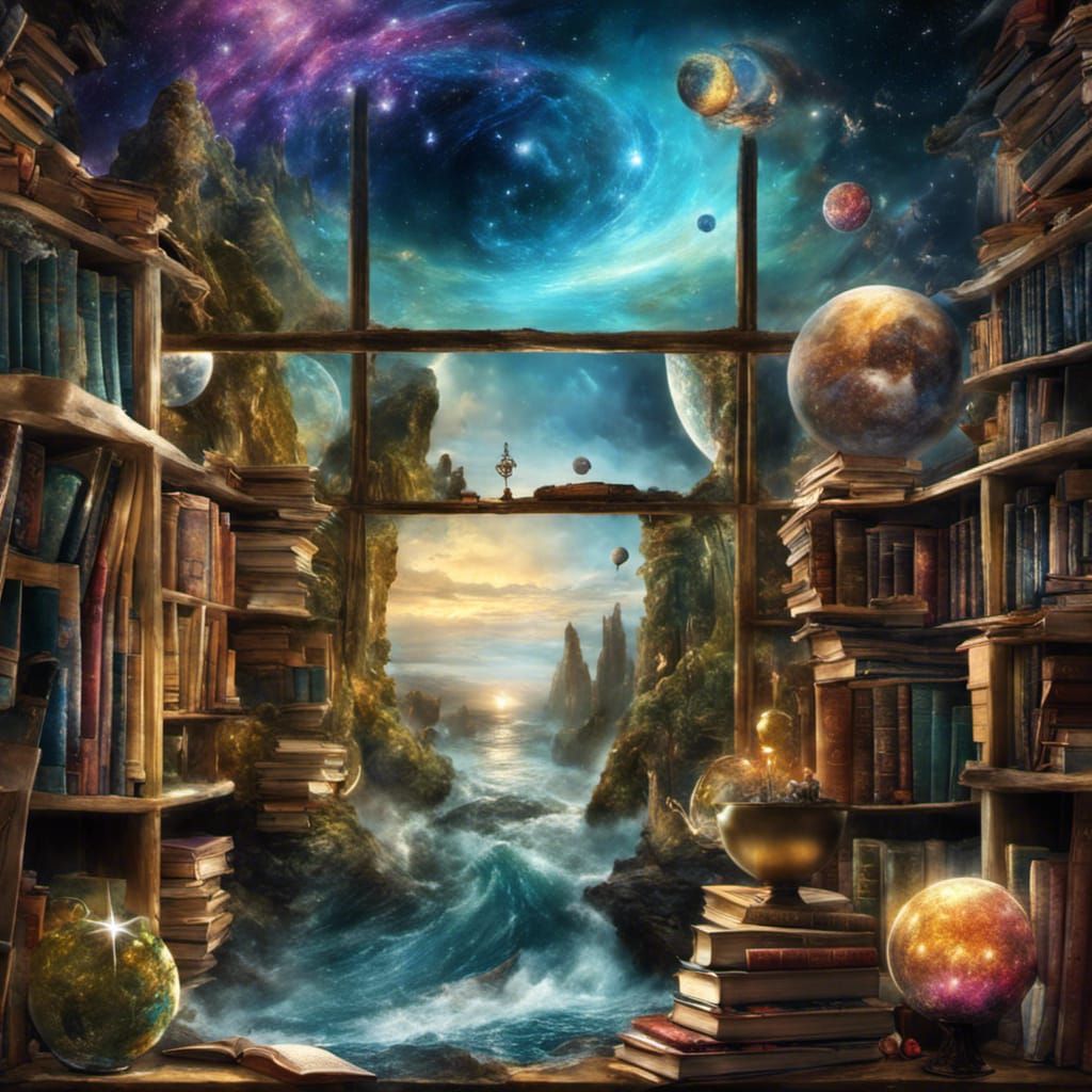 a beautiful fantastical bookcase with magical glittering books ...