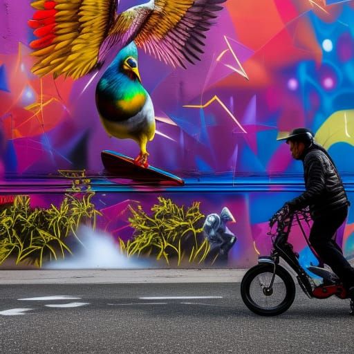 A man riding a big pigeon and playing a musical guitar in his hand ...