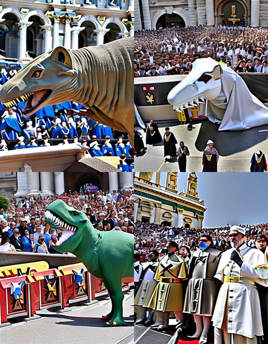 dinosaur t-rex dressed as pope giving a speech to hundreds of dinosaurs ...