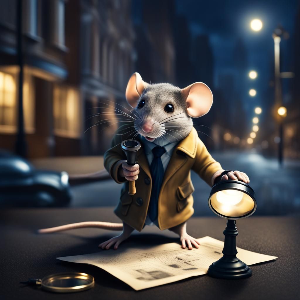 Photograph, hyperrealistic, detective mouse in a detective suit holding ...