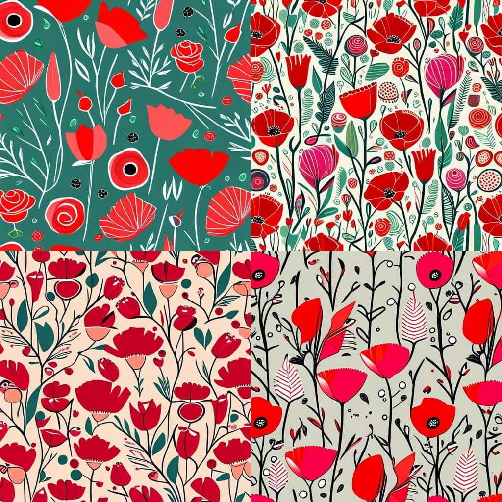 **Simplified poppy flower anf tulips and roses, abstract leaves ...