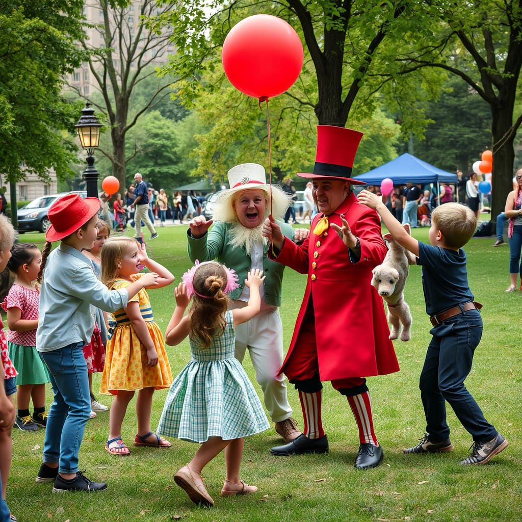 A bizarre buffoon plays with children in the park at a city party