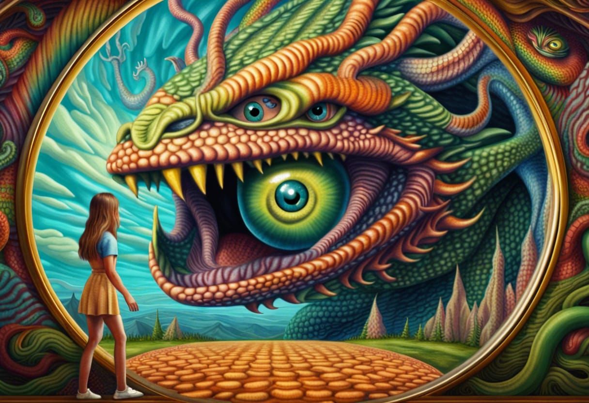 large spherical mirror showing a girl being chased by a huge strange ...