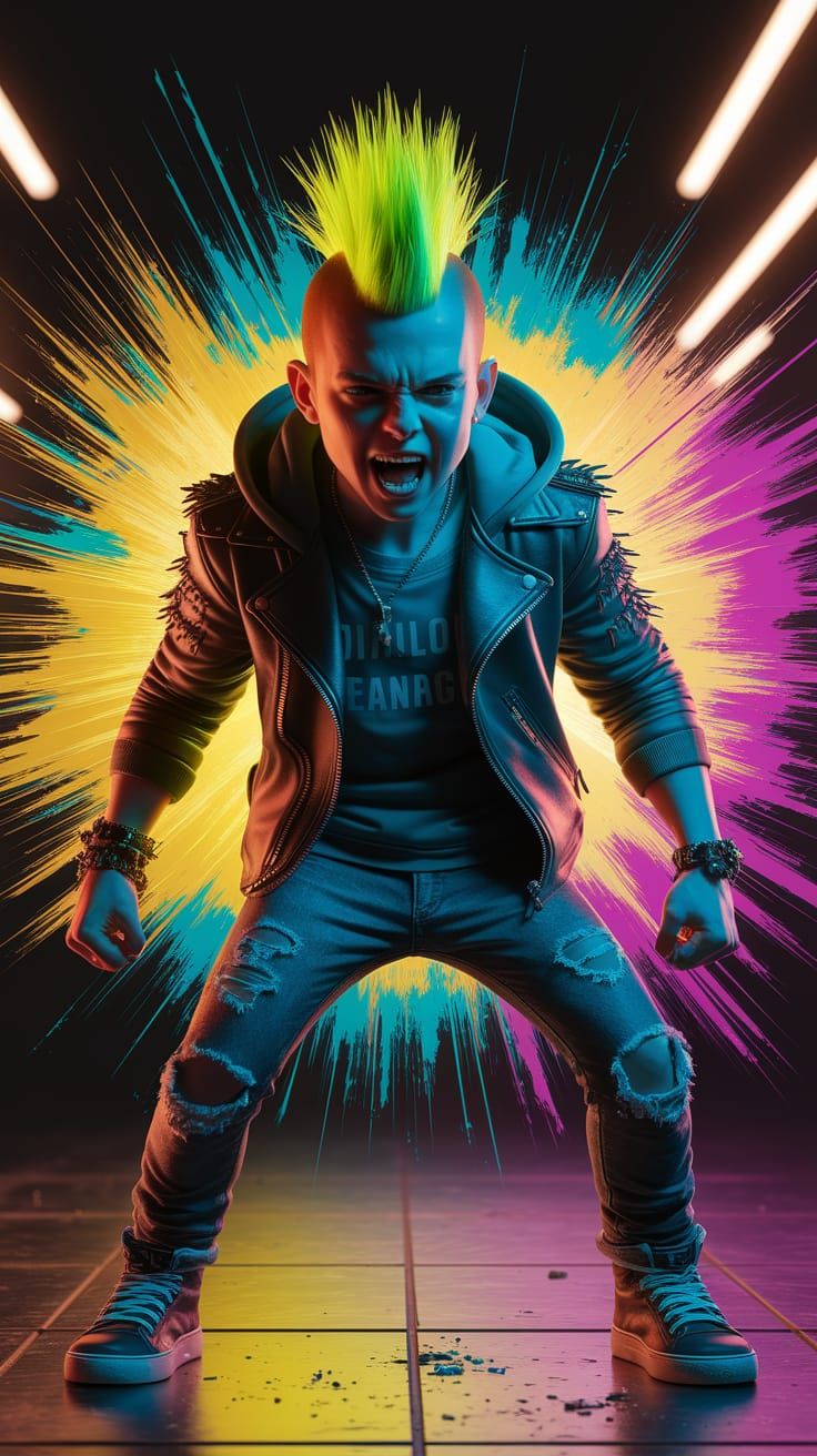 Defiant young punk rocker with spiked neon-green mohawk, torn leather ...