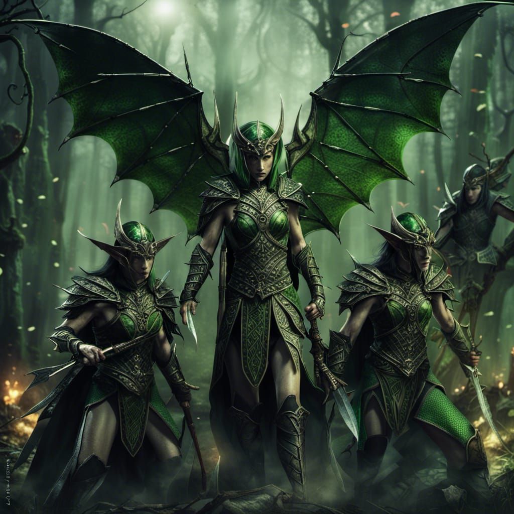Elven warriors with bat wings, daggers, dressed in green and black - AI ...