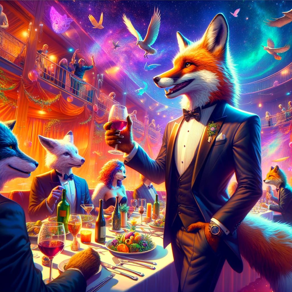 Sophisticated Fox in Tuxedo at Vibrant Dinner Part... - AI Art