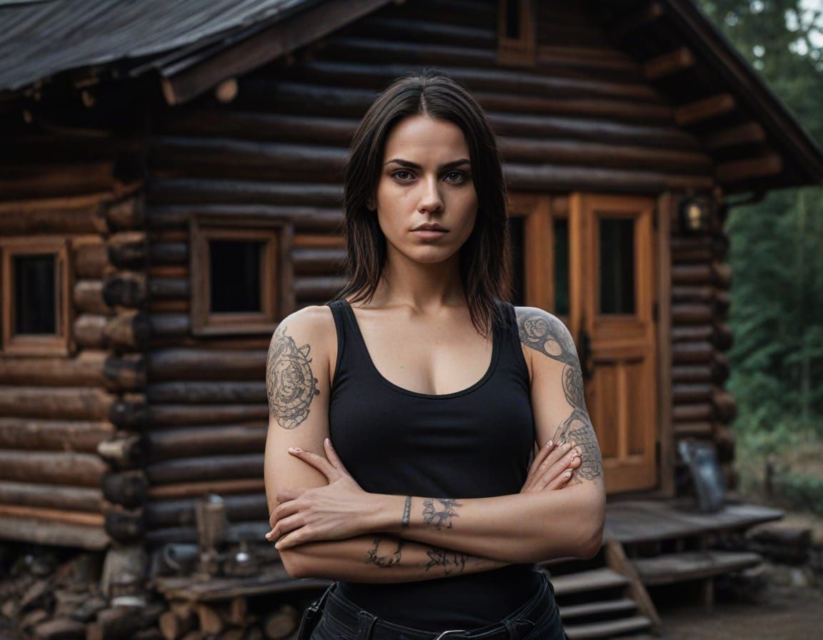 Young female assassin. with long straight dark brown hair, dark hairy ...