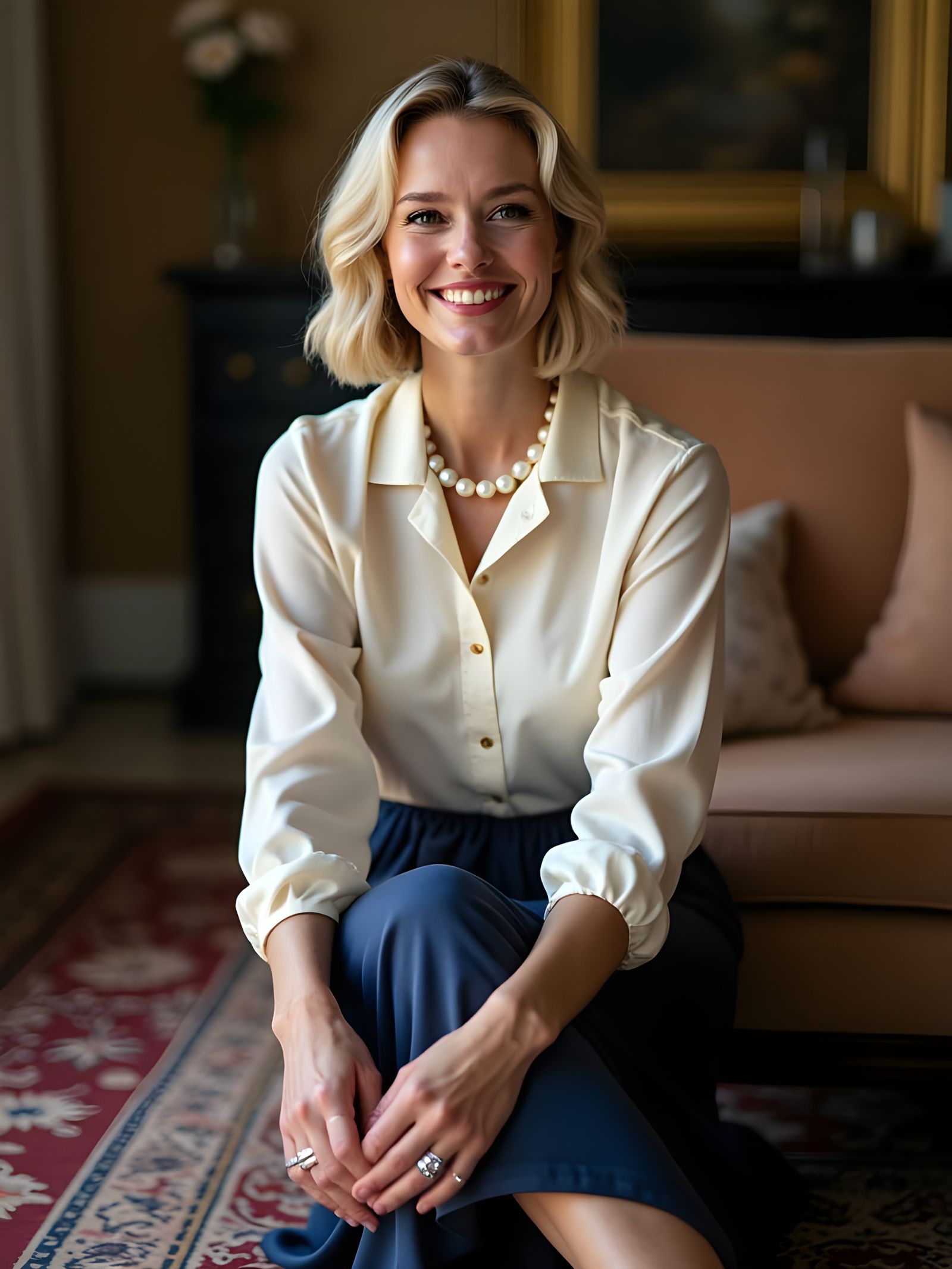 Present Hillary as a full height sitting portraiture of Hillary her ...