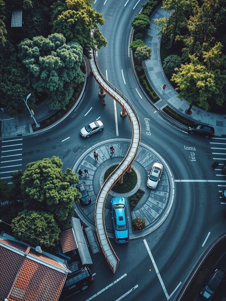 aerial view of roundabout with pedestrian bridges