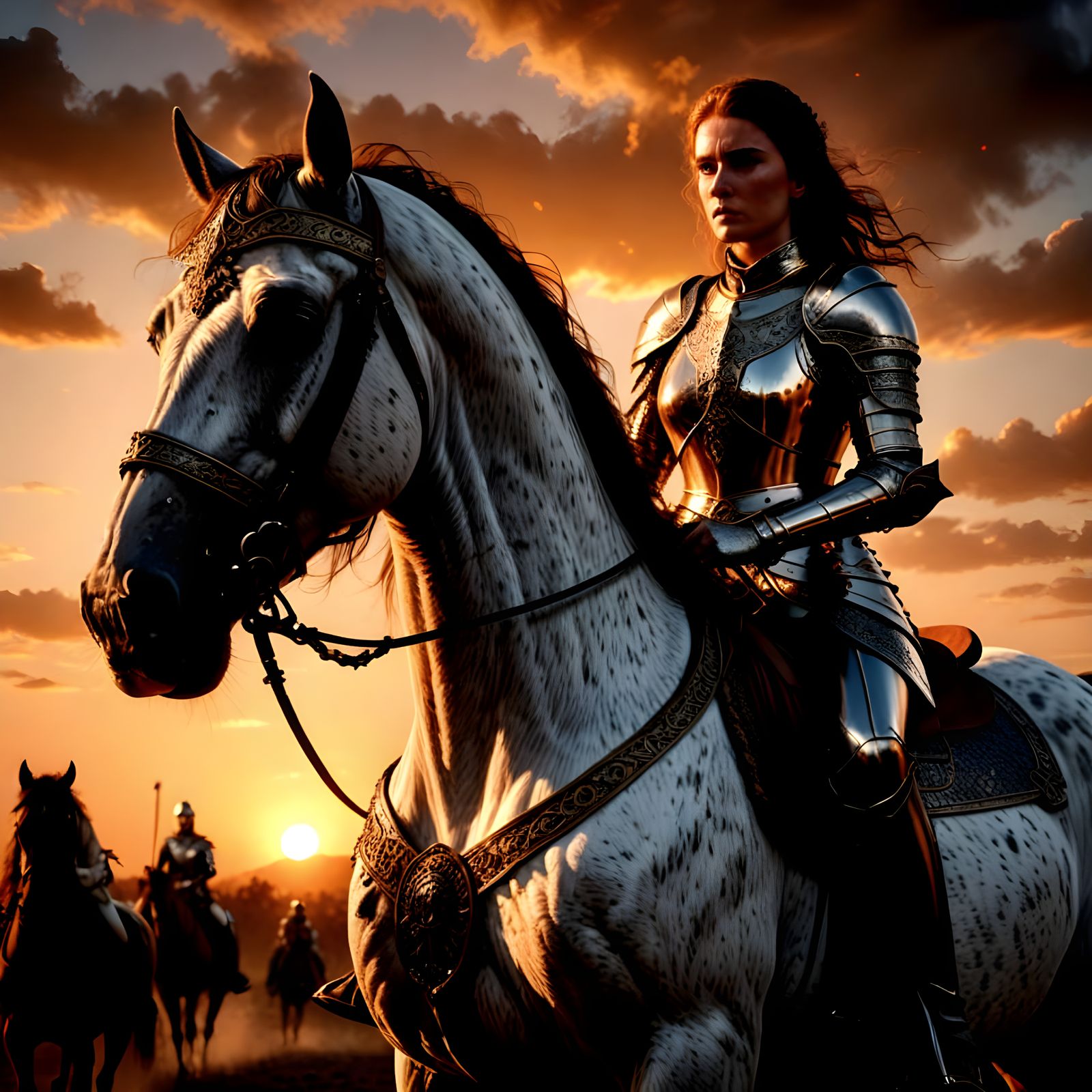 Lady Commander leading her troops at dusk on the battlefield...