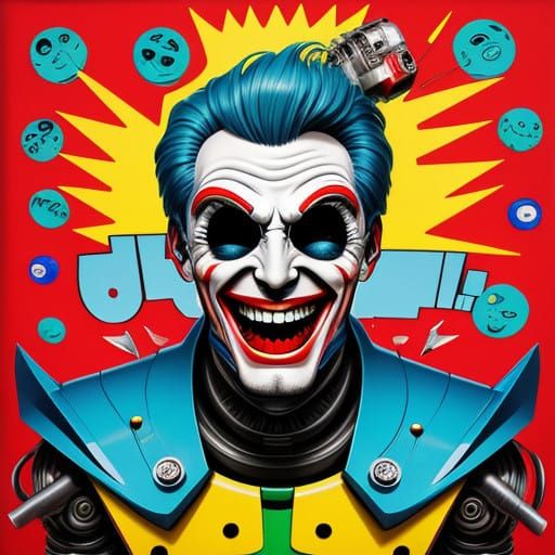 Super funny surreal pop art laughing super Cyborg