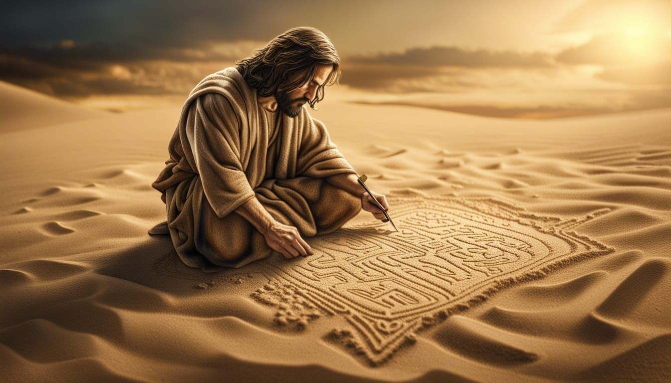 Jesus writing on the sand - AI Generated Artwork - NightCafe Creator