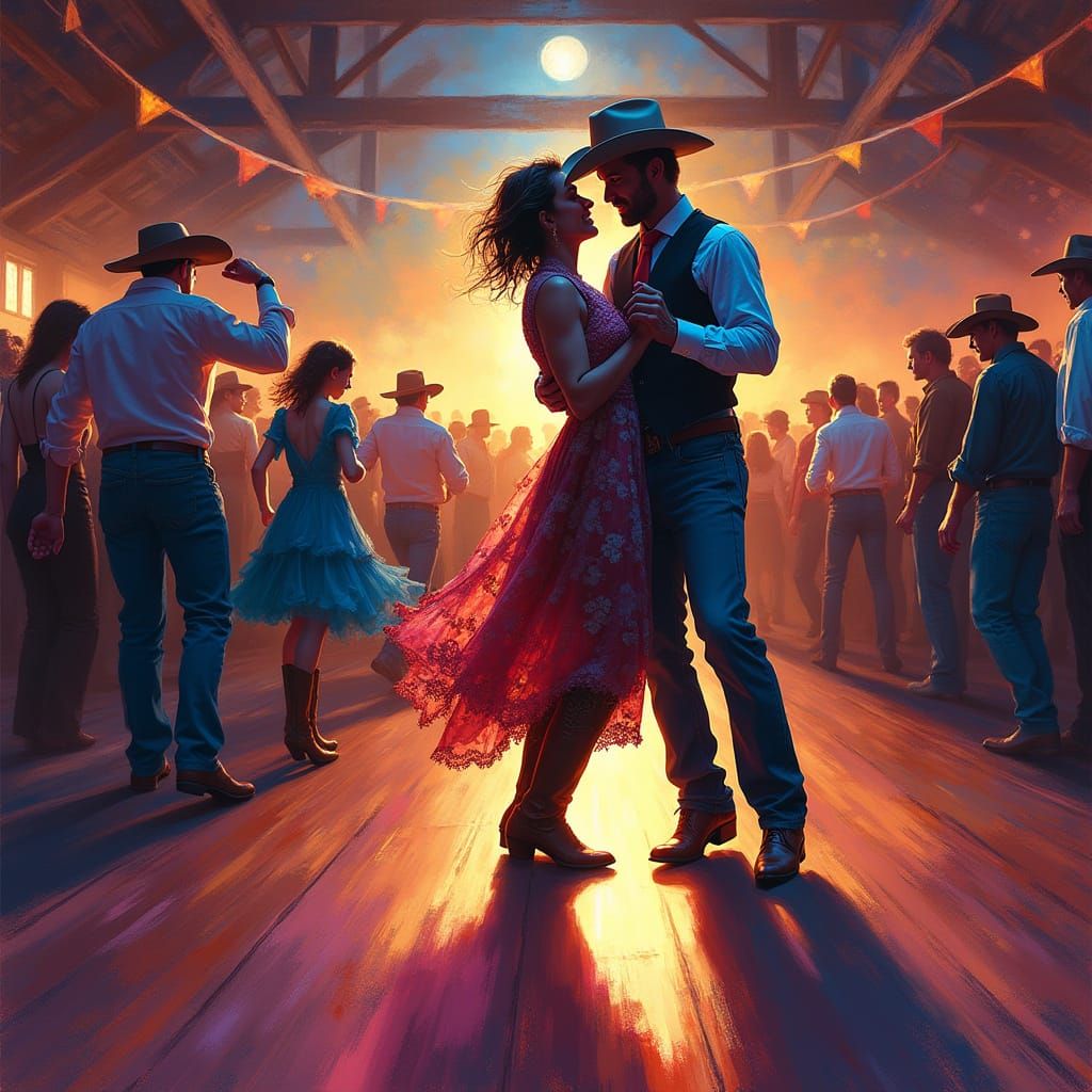 Vibrant Country Dance Scene in a Rustic Barn Setti... - AI Art