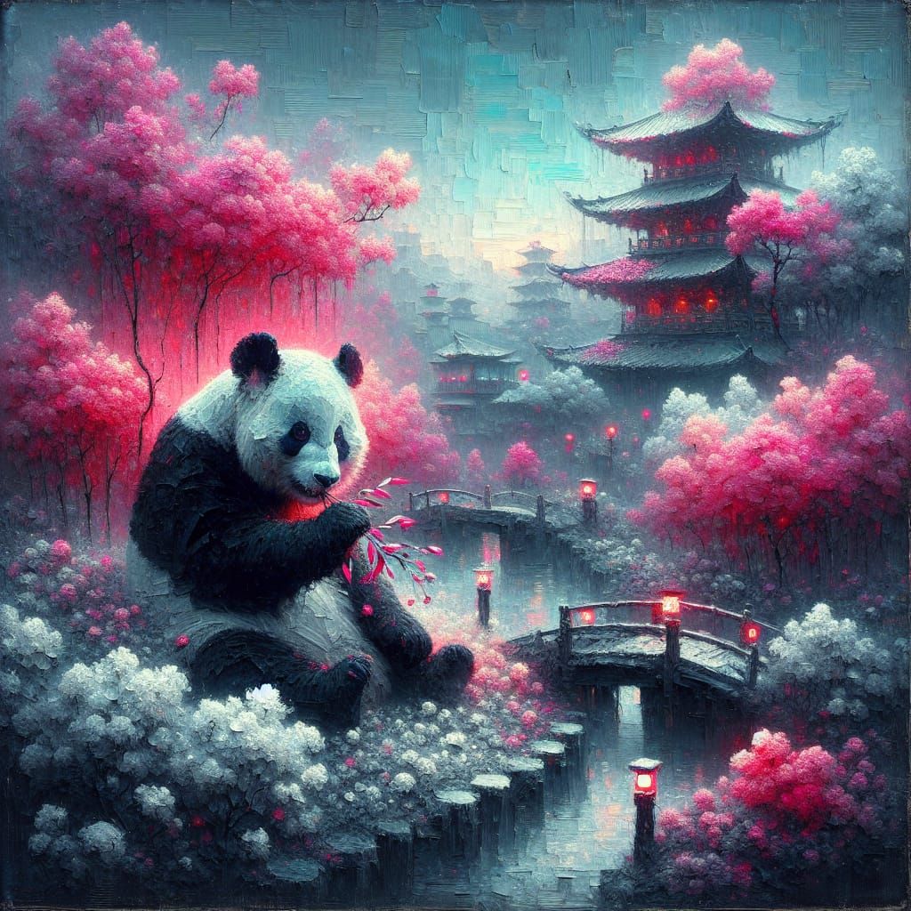 Panda - Vibrant Impasto Panda in a Japanese Garden Oasis