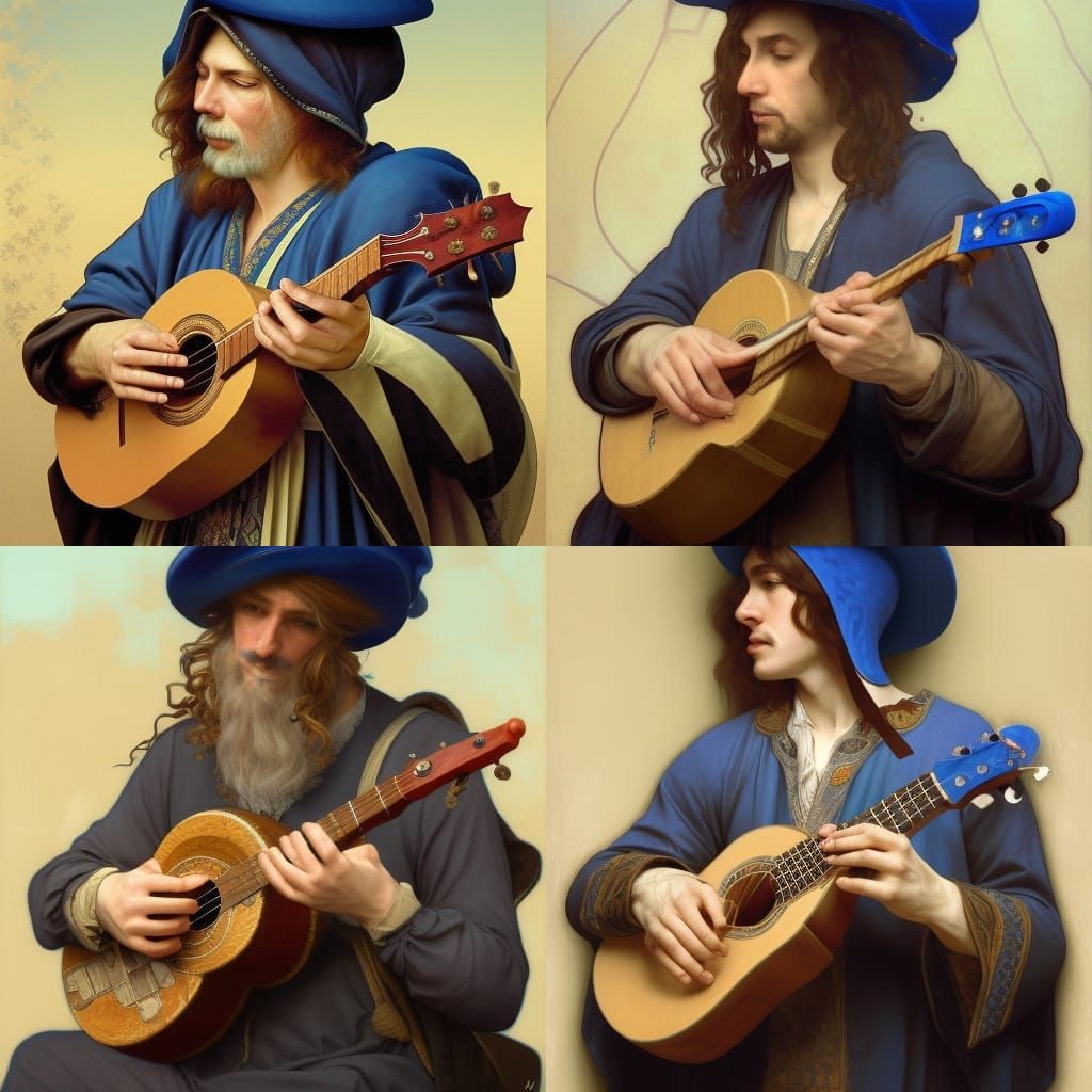 14th century, venetian, musician, ukulele, fabulous blue hat, Man, male ...