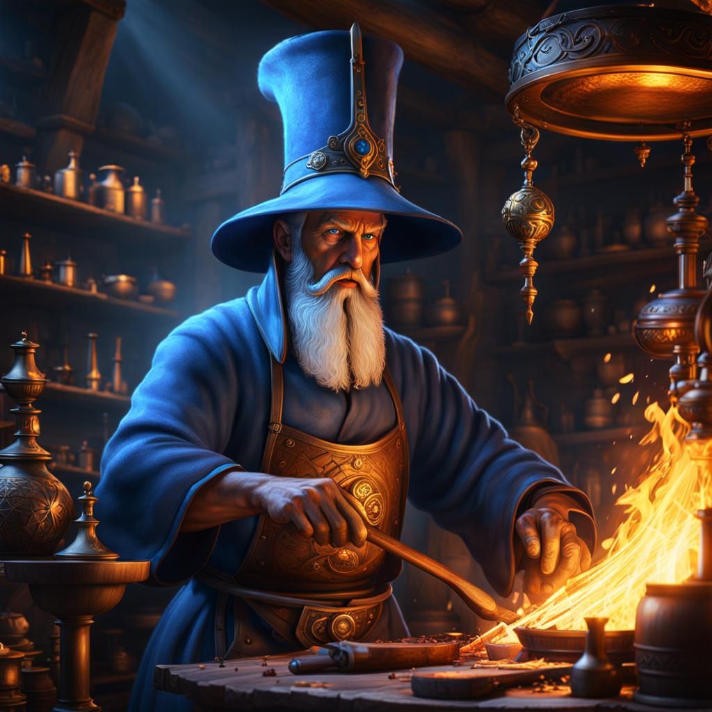ancient alchemist with a blue hat is preparing the alambic of ...