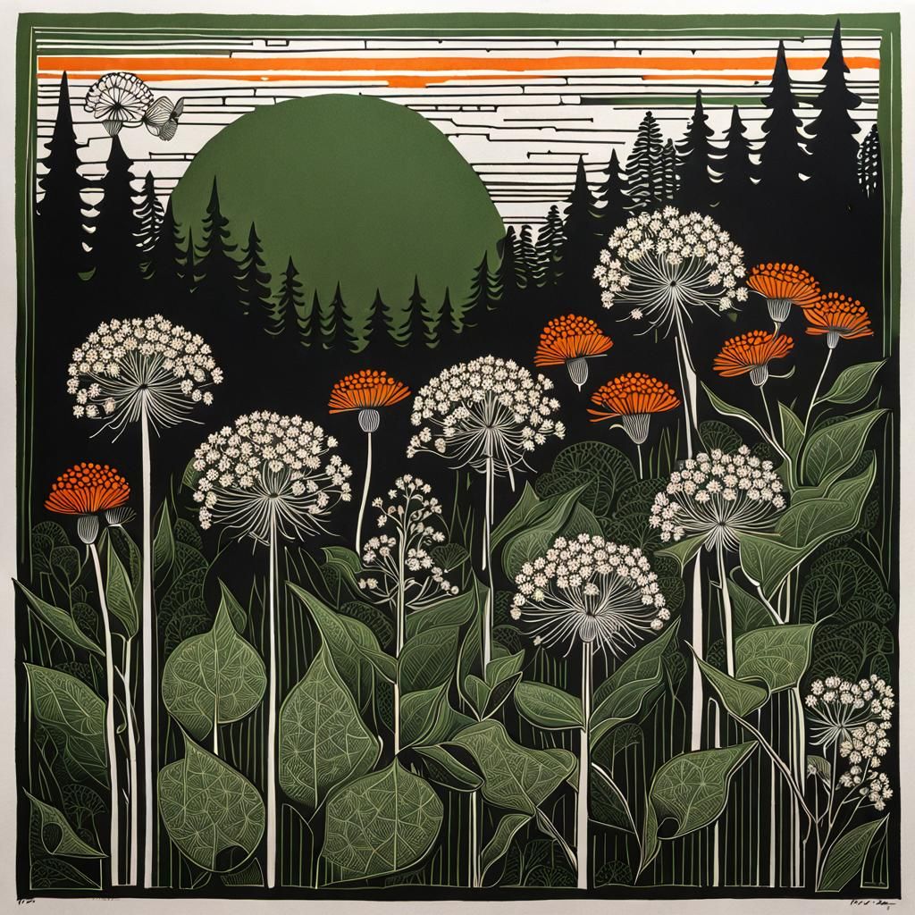 Linocut Plants Green & Orange - AI Generated Artwork - NightCafe Creator