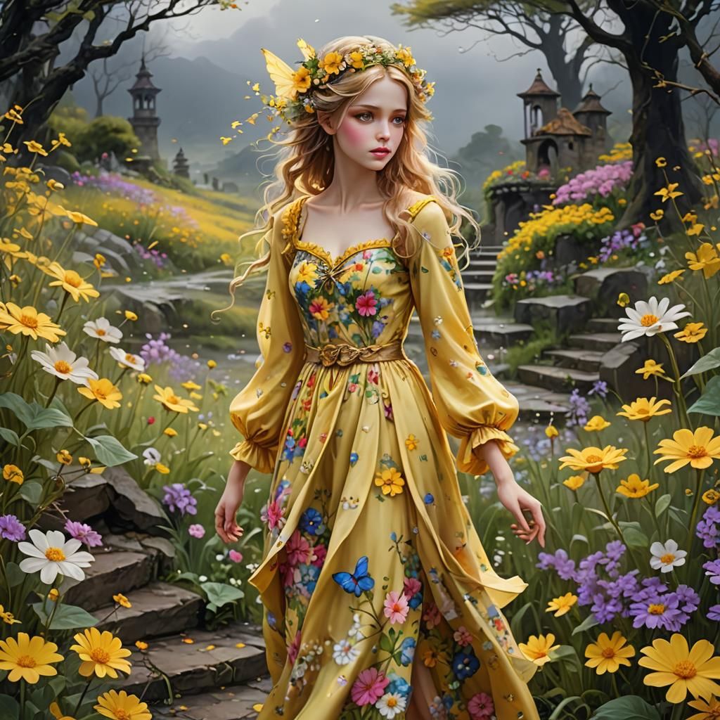 Yellow Fairy in flowery gown, - AI Generated Artwork - NightCafe Creator